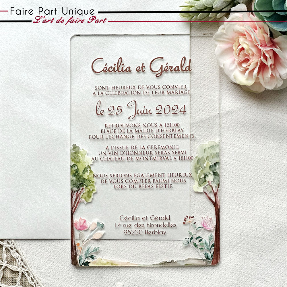 Faire-part transparent plexiglass - Style champêtre - FairePartUnique