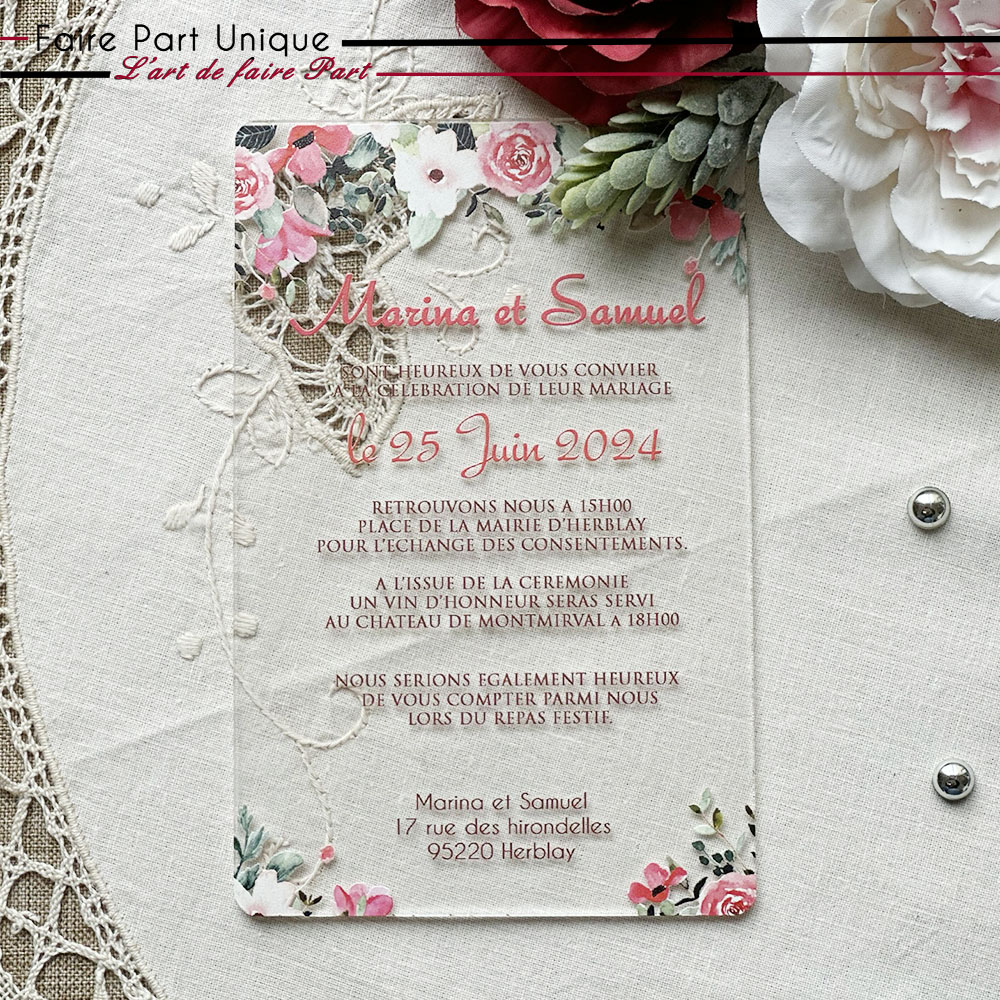 Faire-part transparent plexiglass – Ambiance floral rose - FairePartUnique