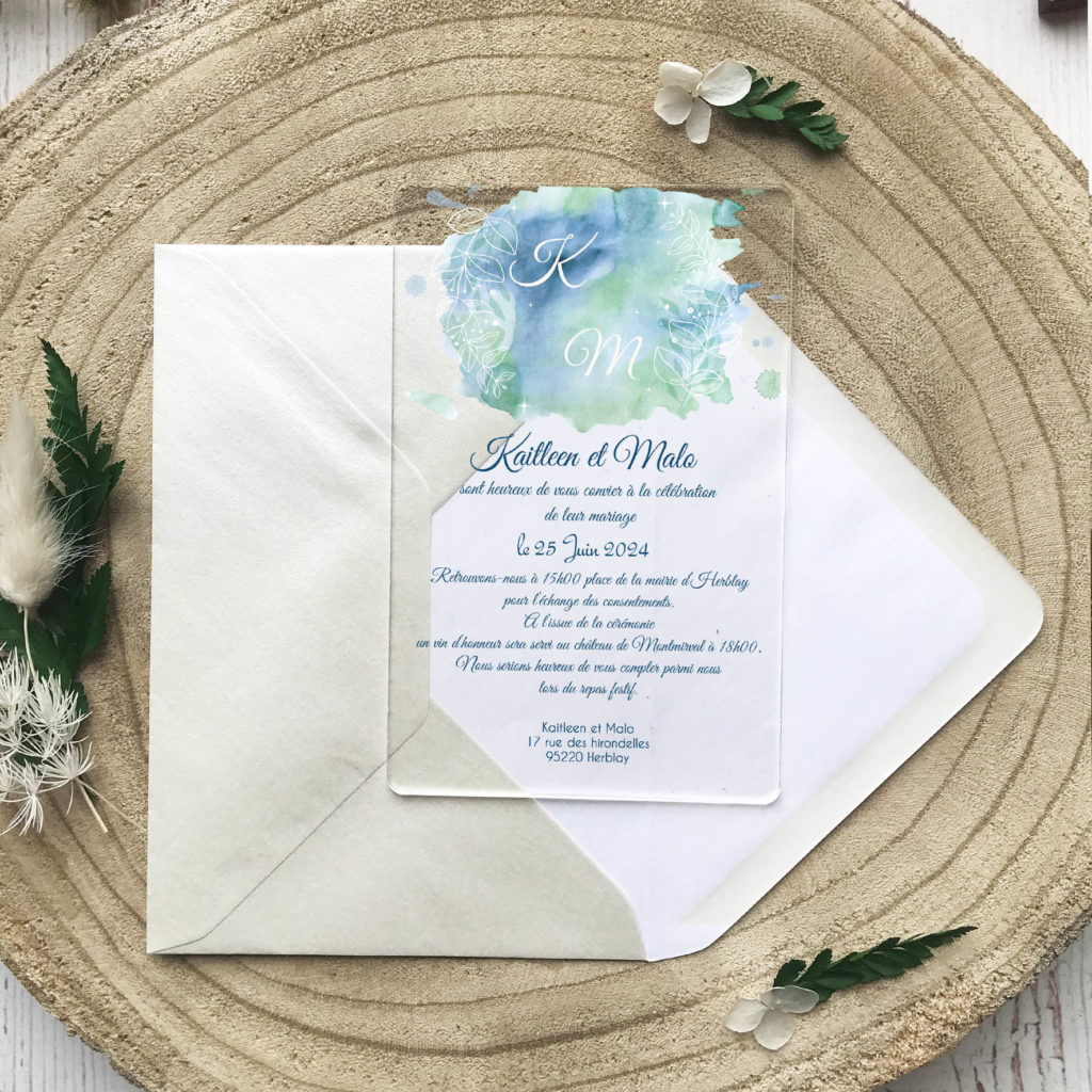 Faire-part transparent plexiglass - Aquarelle bleue - FairePartUnique