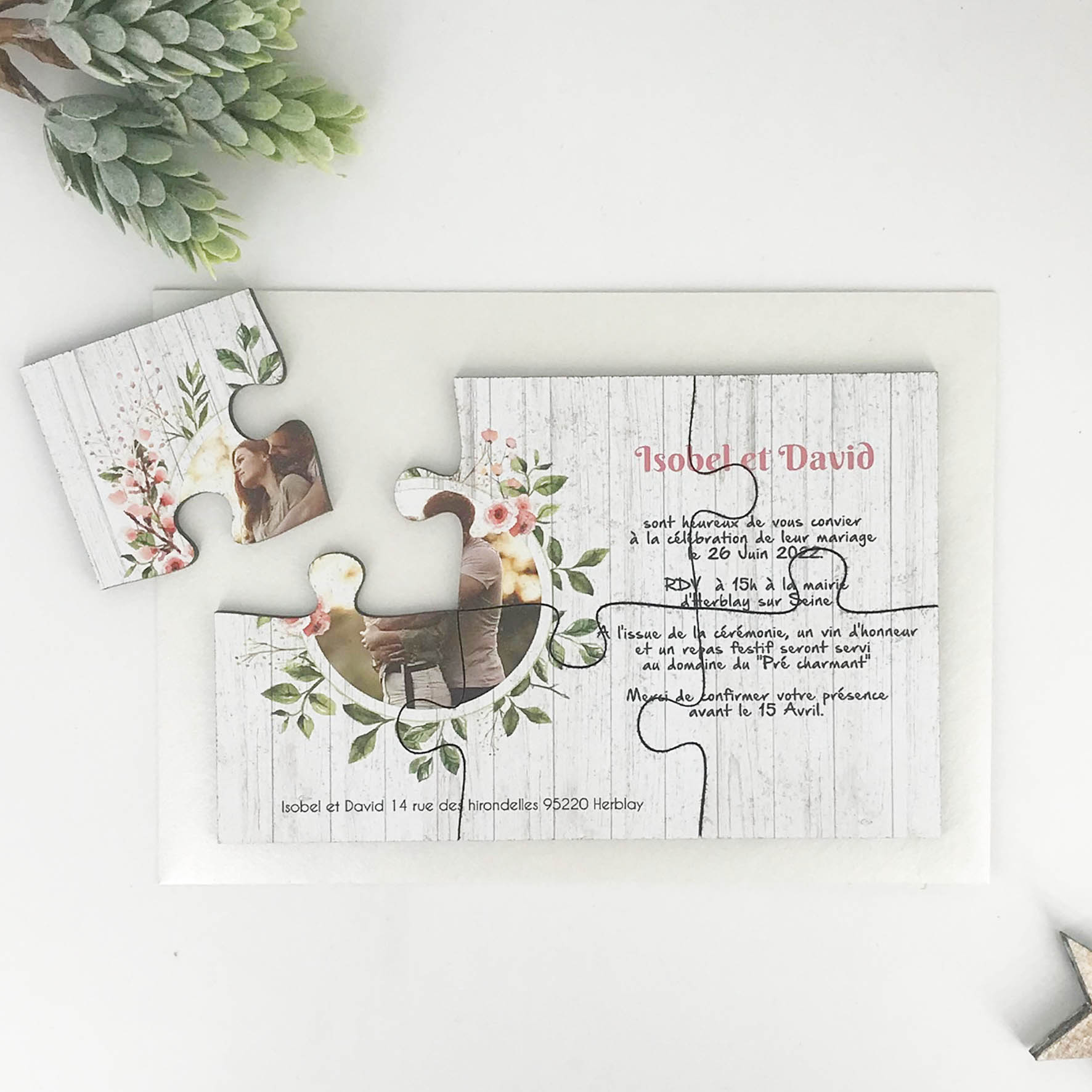 Faire-part puzzle mariage - Douceur romantique - FairePartUnique
